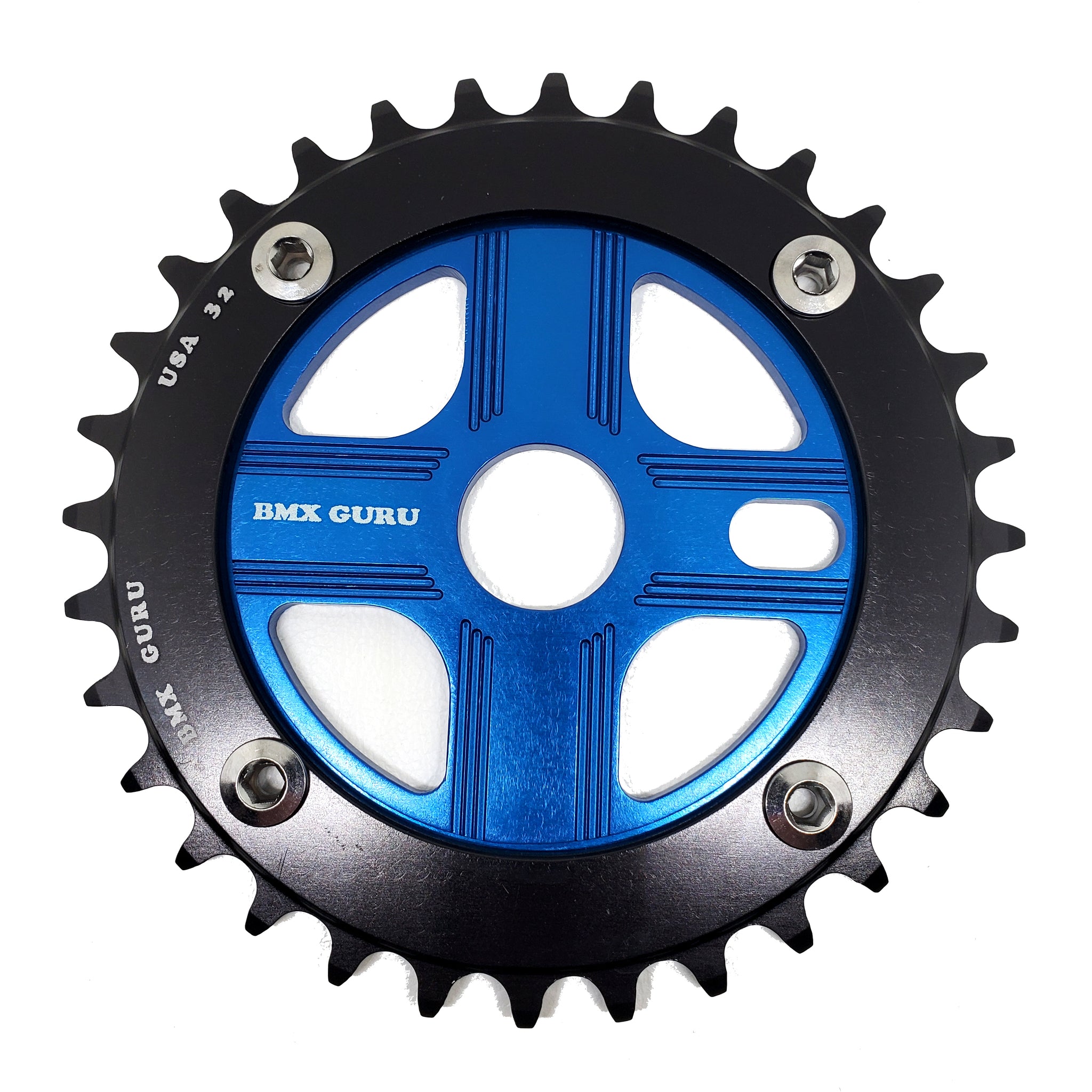 BMXGuru 32T Aluminum Spider & 4-bolt Chainring Combo - Black over Blue ...