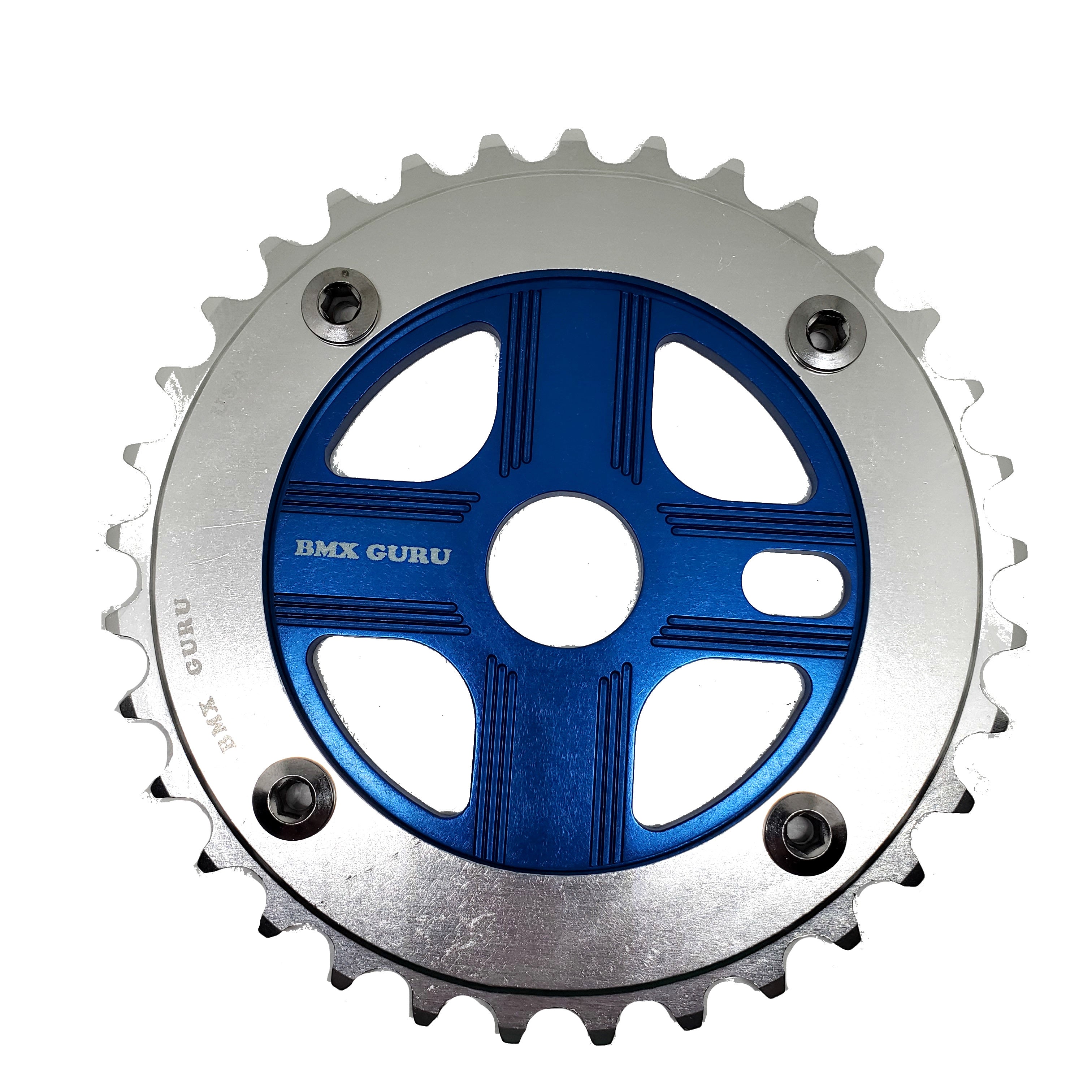 BMXGuru 33T Aluminum Spider & 4-bolt Chainring Combo - Silver over Blu ...