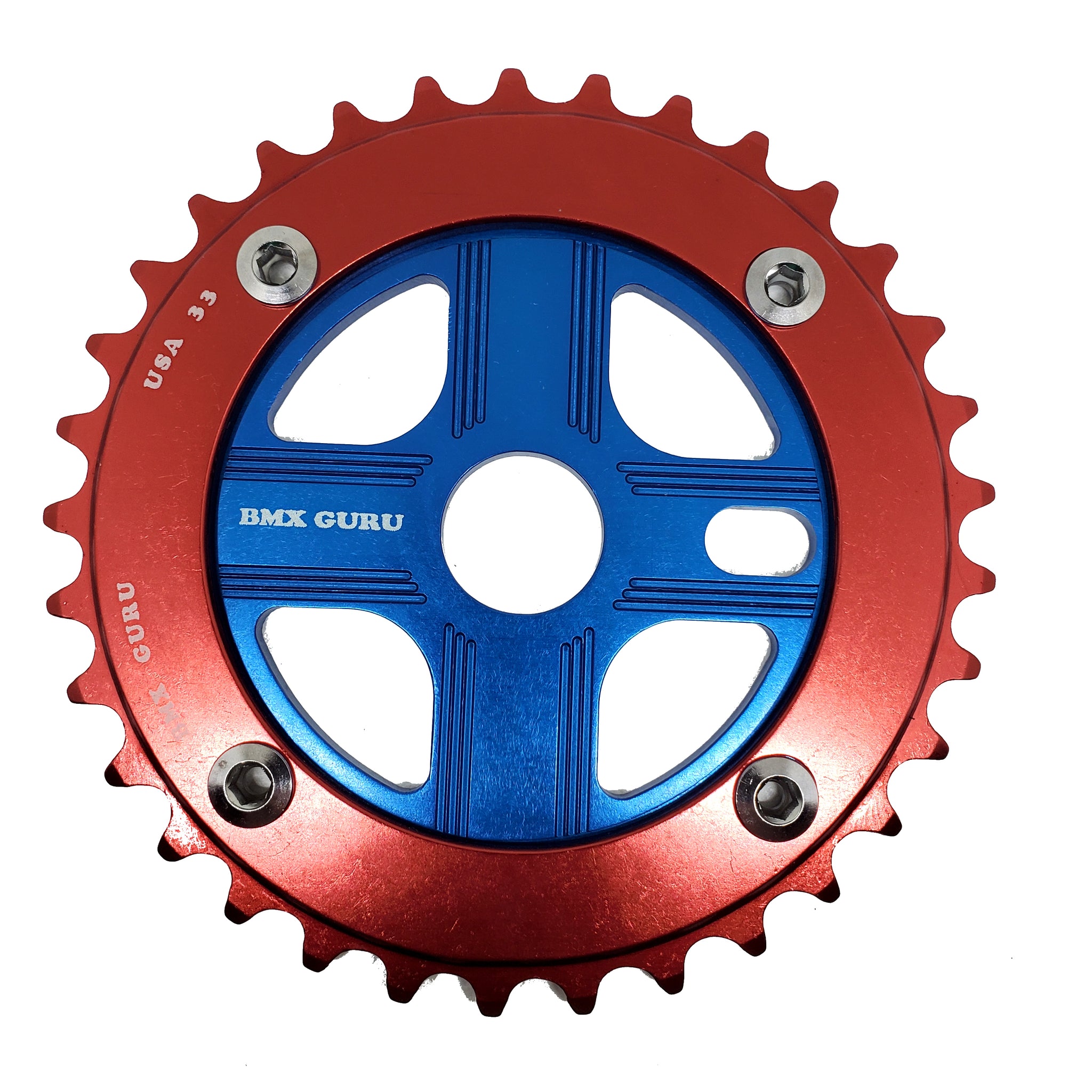 BMXGuru 33T Aluminum Spider & 4-bolt Chainring Combo - Red over Blue ...