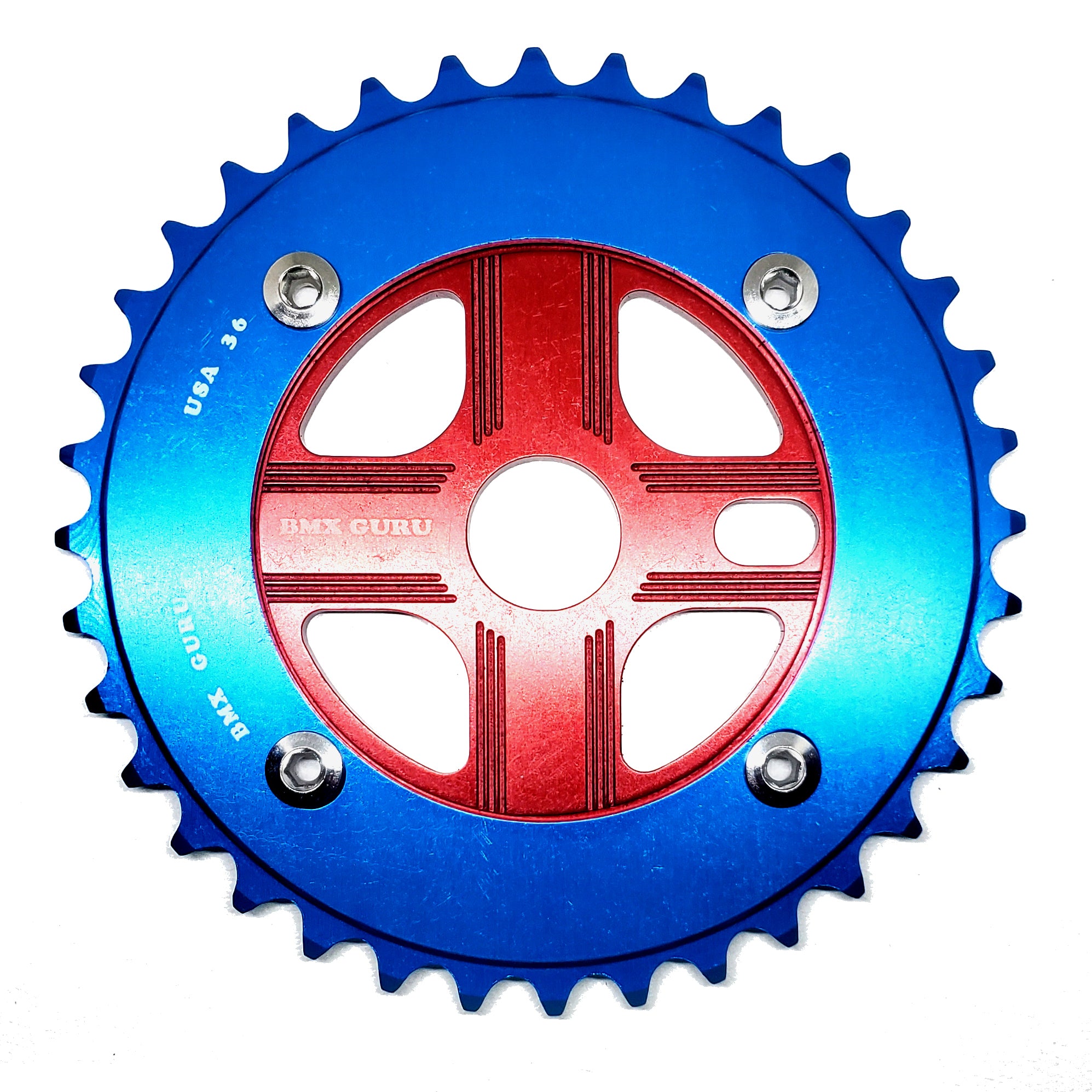 BMXGuru 36T Aluminum Spider & 4-bolt Chainring Combo - Blue over Red ...