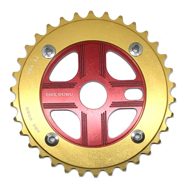 BMXGuru 34T Aluminum Spider & 4-bolt Chainring Combo - Gold over Red ...
