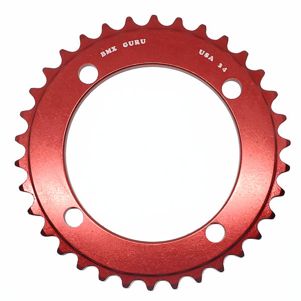 BMXGuru 34t BMX Chainring - Red - 104mm 4-bolt - USA Made - BMXGuru.com ...