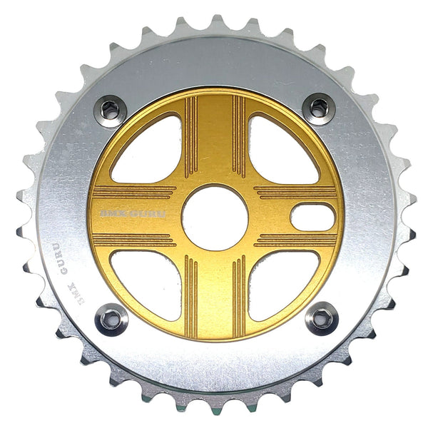 BMXGuru 34T Aluminum Spider & 4-bolt Chainring Combo - Silver over Gol ...