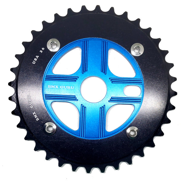 BMXGuru 36T Aluminum Spider & 4-bolt Chainring Combo - Black over Blue ...