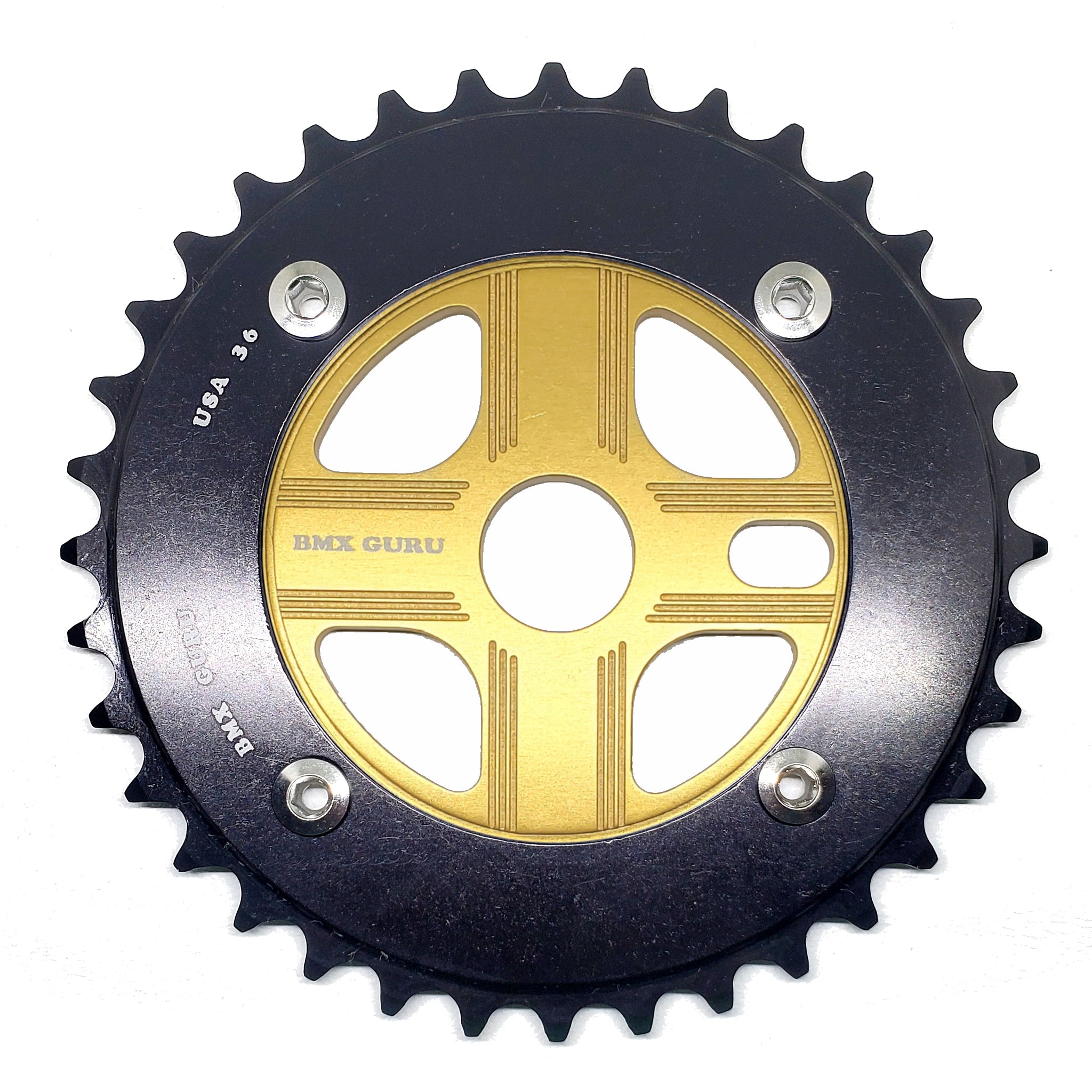 BMXGuru 36T Aluminum Spider & 4-bolt Chainring Combo - Black over Gold ...