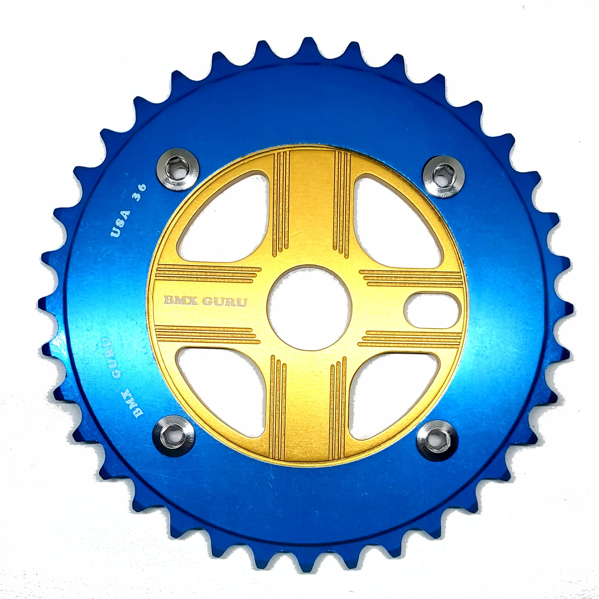 BMXGuru 36T Aluminum Spider & 4-bolt Chainring Combo - Blue over Gold ...