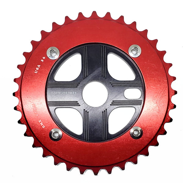 BMXGuru 36T Aluminum Spider & 4-bolt Chainring Combo - Red over Black ...